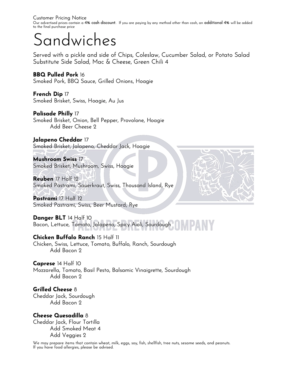 Food Menu - Palisade Brewing Company